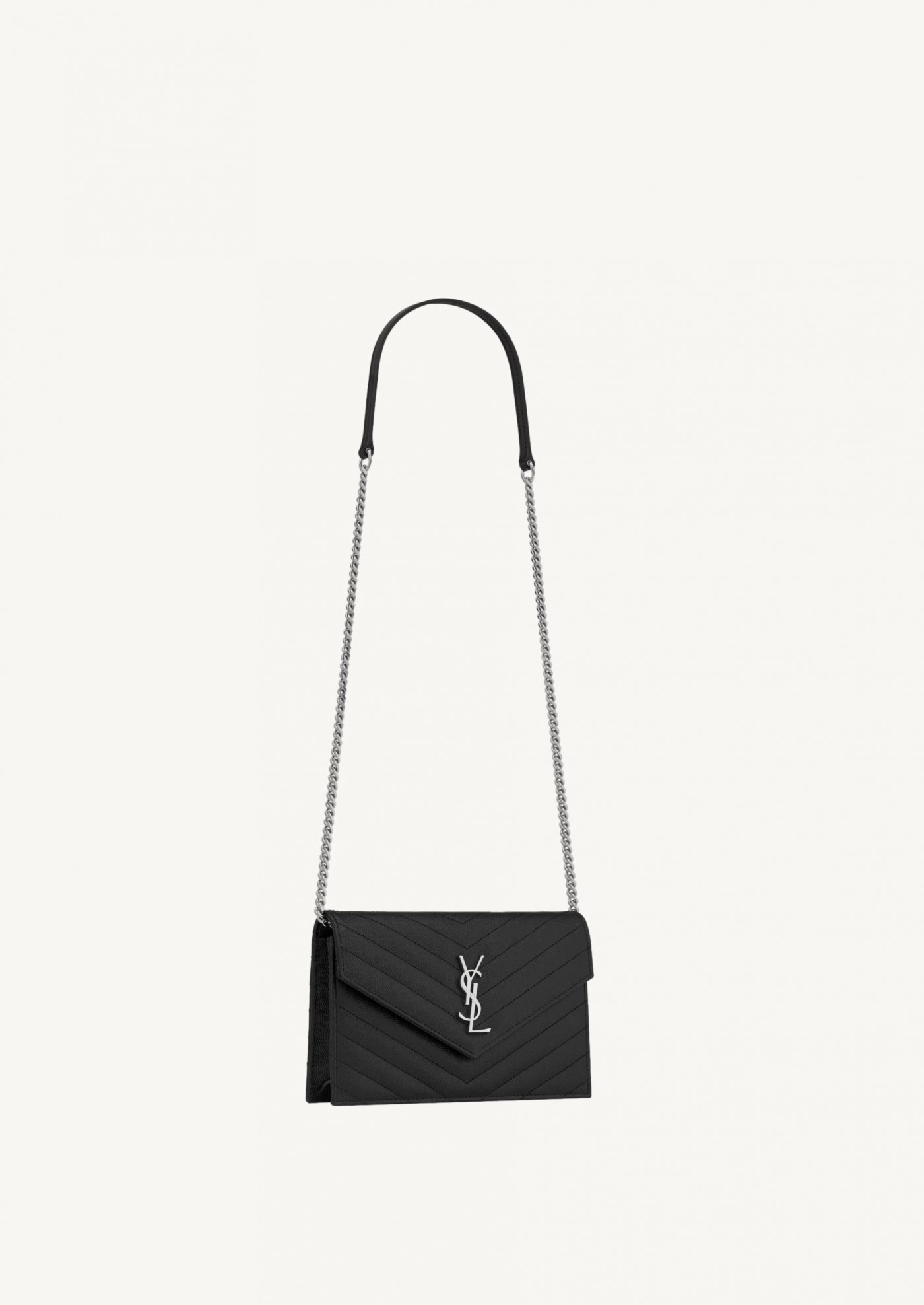Cassandre envelope chain wallet in black and silver powder grain ...