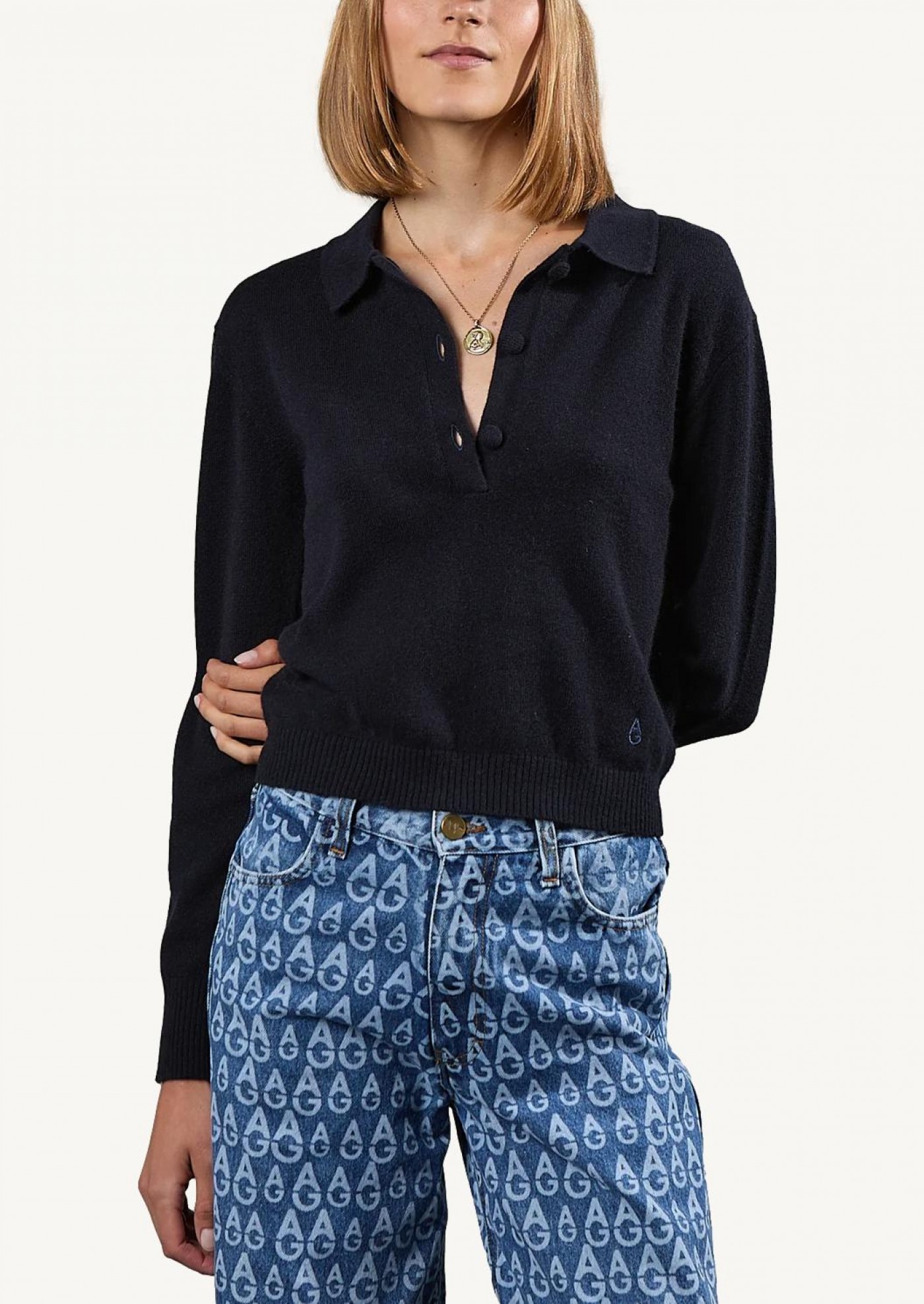 Anna Long Sleeve Polo Shirt Navy - Alexandra Golovanoff